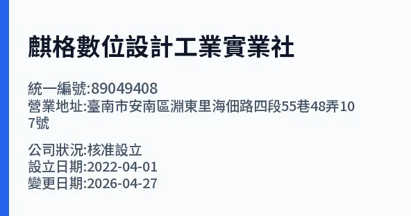麒格數位設計工業實業社的照片-統編 89049408(臺南市) 公司登記資料與營業項目詳細圖表
