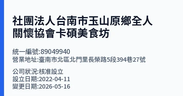 社團法人台南市玉山原鄉全人關懷協會卡碩美食坊的照片-統編 89049940(臺南市) 公司登記資料與營業項目詳細圖表