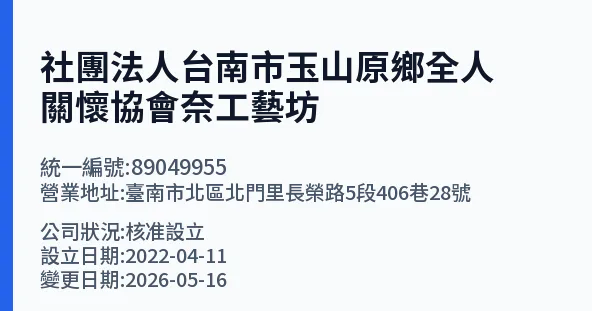 社團法人台南市玉山原鄉全人關懷協會奈工藝坊的照片-統編 89049955(臺南市) 公司登記資料與營業項目詳細圖表