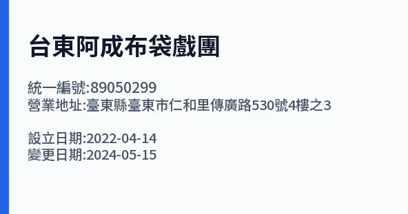 台東阿成布袋戲團的照片-統編 89050299(臺東縣) 公司登記資料與營業項目詳細圖表