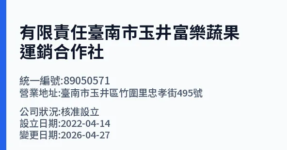 有限責任臺南市玉井富樂蔬果運銷合作社的照片-統編 89050571(臺南市) 公司登記資料與營業項目詳細圖表