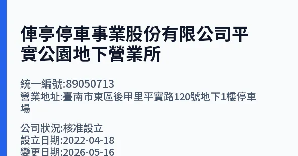 俥亭停車事業股份有限公司平實公園地下營業所的照片-統編 89050713(臺南市) 公司登記資料與營業項目詳細圖表