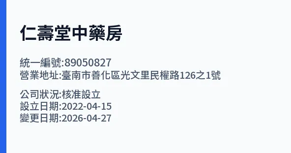 仁壽堂中藥房的照片-統編 89050827(臺南市) 公司登記資料與營業項目詳細圖表