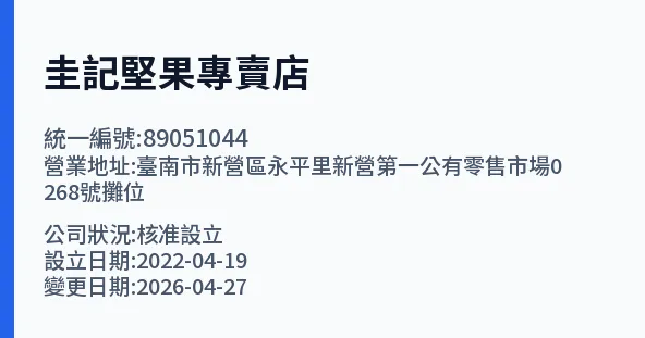圭記堅果專賣店的照片-統編 89051044(臺南市) 公司登記資料與營業項目詳細圖表