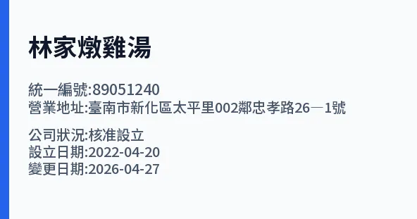 林家燉雞湯的照片-統編 89051240(臺南市) 公司登記資料與營業項目詳細圖表