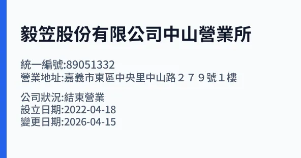 毅笠股份有限公司中山營業所的照片-統編 89051332(嘉義市) 公司登記資料與營業項目詳細圖表
