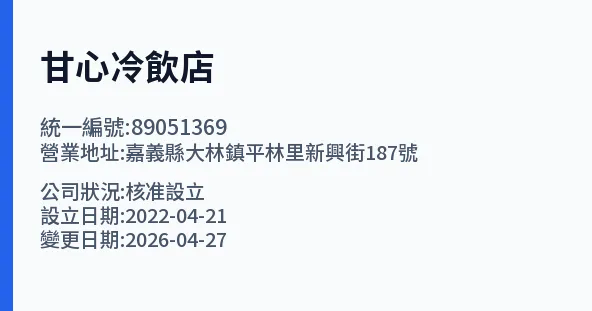 甘心冷飲店的照片-統編 89051369(嘉義縣) 公司登記資料與營業項目詳細圖表