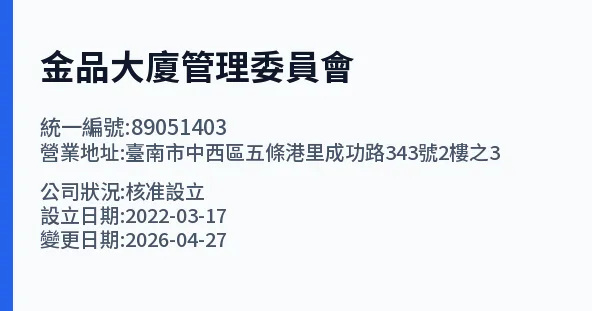 金品大廈管理委員會的照片-統編 89051403(臺南市) 公司登記資料與營業項目詳細圖表