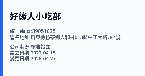 好緣人小吃部的照片-統編 89051635(屏東縣) 公司登記資料與營業項目詳細圖表