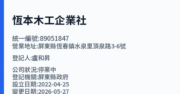 恆本木工企業社的照片-統編 89051847(屏東縣) 公司登記資料與營業項目詳細圖表