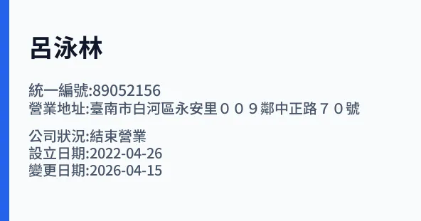 呂泳林的照片-統編 89052156(臺南市) 公司登記資料與營業項目詳細圖表