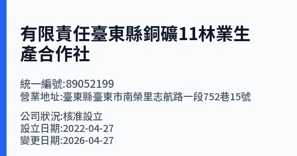 有限責任臺東縣銅礦11林業生產合作社的照片-統編 89052199(臺東縣) 公司登記資料與營業項目詳細圖表