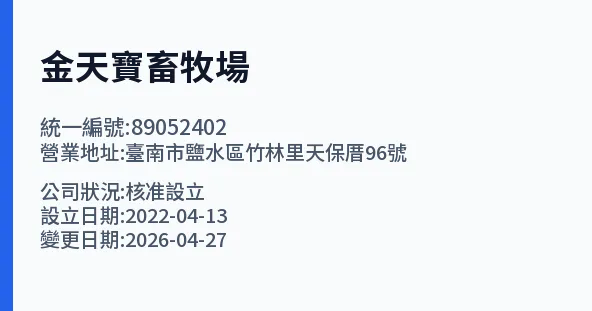 金天寶畜牧場的照片-統編 89052402(臺南市) 公司登記資料與營業項目詳細圖表