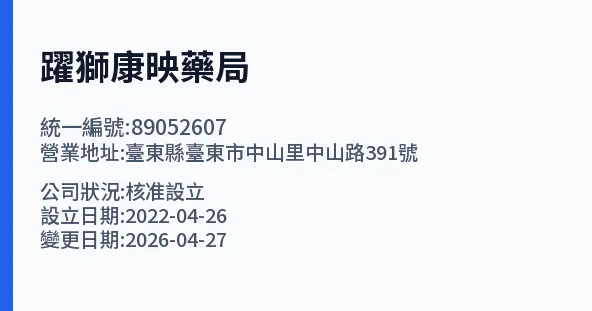 躍獅康映藥局的照片-統編 89052607(臺東縣) 公司登記資料與營業項目詳細圖表