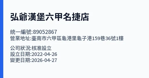 弘爺漢堡六甲名捷店的照片-統編 89052867(臺南市) 公司登記資料與營業項目詳細圖表