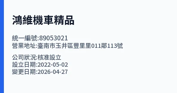 鴻維機車精品的照片-統編 89053021(臺南市) 公司登記資料與營業項目詳細圖表