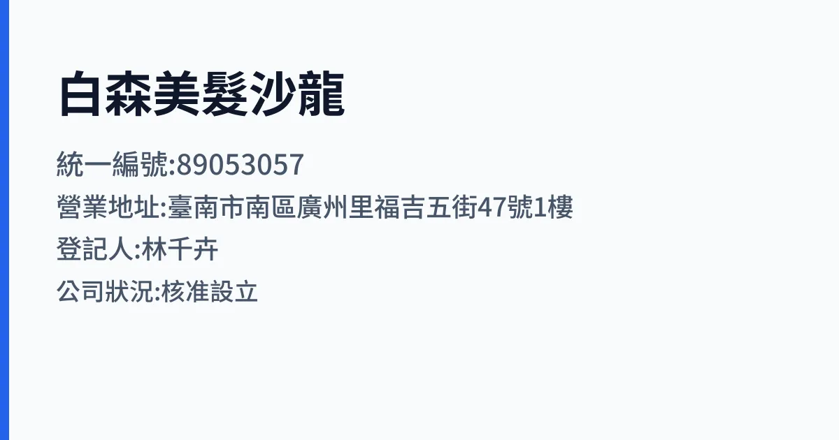 白森美髮沙龍 - 統編 89053057（臺南市） 公司登記資料與營業項目詳細圖表