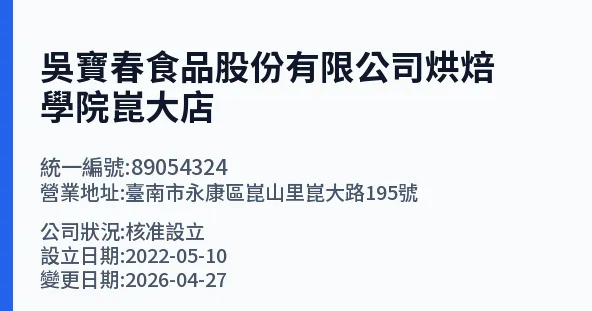 吳寶春食品股份有限公司烘焙學院崑大店的照片-統編 89054324(臺南市) 公司登記資料與營業項目詳細圖表
