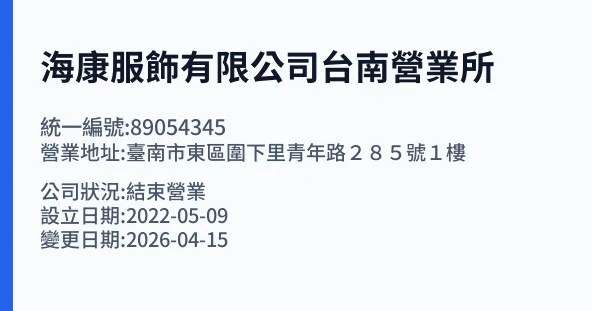 海康服飾有限公司台南營業所的照片-統編 89054345(臺南市) 公司登記資料與營業項目詳細圖表
