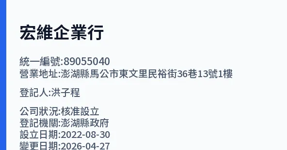 宏維企業行的照片-統編 89055040(澎湖縣) 公司登記資料與營業項目詳細圖表