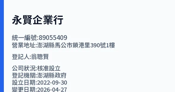 永賢企業行的照片-統編 89055409(澎湖縣) 公司登記資料與營業項目詳細圖表