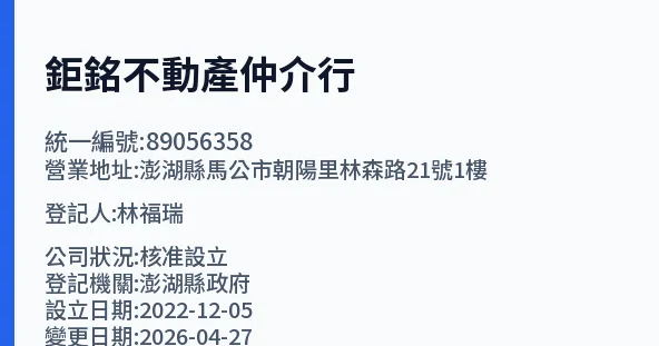鉅銘不動產仲介行的照片-統編 89056358(澎湖縣) 公司登記資料與營業項目詳細圖表