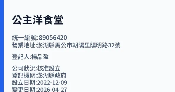 公主洋食堂的照片-統編 89056420(澎湖縣) 公司登記資料與營業項目詳細圖表