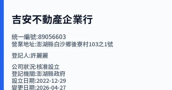 吉安不動產企業行的照片-統編 89056603(澎湖縣) 公司登記資料與營業項目詳細圖表