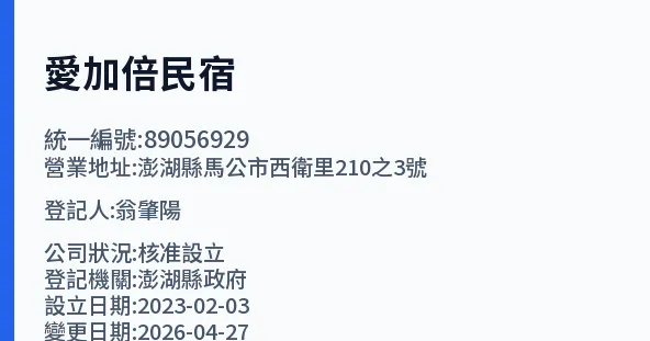 愛加倍民宿的照片-統編 89056929(澎湖縣) 公司登記資料與營業項目詳細圖表