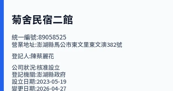 菊舍民宿二館的照片-統編 89058525(澎湖縣) 公司登記資料與營業項目詳細圖表