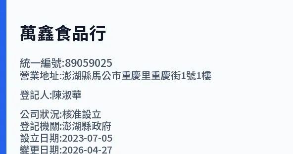 萬鑫食品行的照片-統編 89059025(澎湖縣) 公司登記資料與營業項目詳細圖表