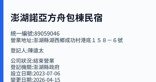 澎湖諾亞方舟包棟民宿的照片-統編 89059046(澎湖縣) 公司登記資料與營業項目詳細圖表