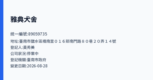 雅典犬舍的照片-統編 89059735(臺南市) 公司登記資料與營業項目詳細圖表