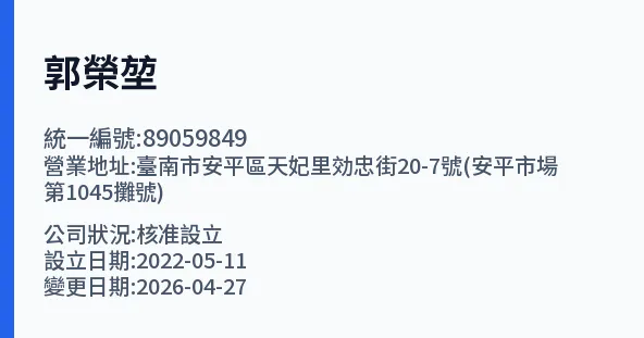 郭榮堃的照片-統編 89059849(臺南市) 公司登記資料與營業項目詳細圖表