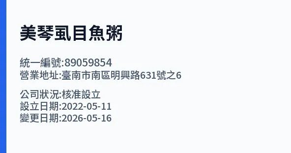 美琴虱目魚粥的照片-統編 89059854(臺南市) 公司登記資料與營業項目詳細圖表