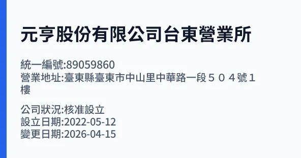 元亨股份有限公司台東營業所的照片-統編 89059860(臺東縣) 公司登記資料與營業項目詳細圖表