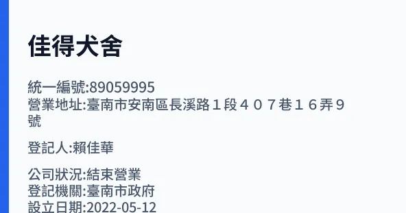 佳得犬舍的照片-統編 89059995(臺南市) 公司登記資料與營業項目詳細圖表