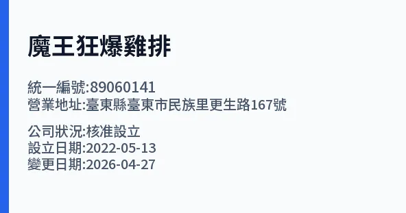 魔王狂爆雞排的照片-統編 89060141(臺東縣) 公司登記資料與營業項目詳細圖表