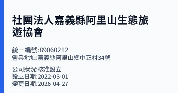 社團法人嘉義縣阿里山生態旅遊協會的照片-統編 89060212(嘉義縣) 公司登記資料與營業項目詳細圖表
