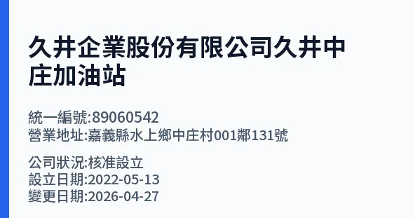 久井企業股份有限公司久井中庄加油站的照片-統編 89060542(嘉義縣) 公司登記資料與營業項目詳細圖表