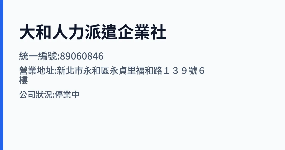 大和人力派遣企業社 - 統編 89060846(新北市) 公司登記資料與營業項目詳細圖表