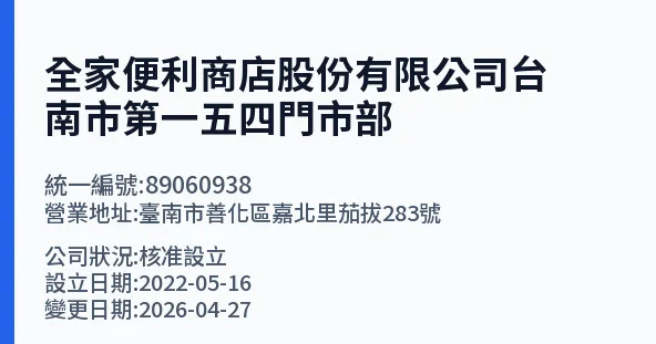 全家便利商店股份有限公司台南市第一五四門市部的照片-統編 89060938(臺南市) 公司登記資料與營業項目詳細圖表