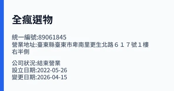 全瘋選物的照片-統編 89061845(臺東縣) 公司登記資料與營業項目詳細圖表