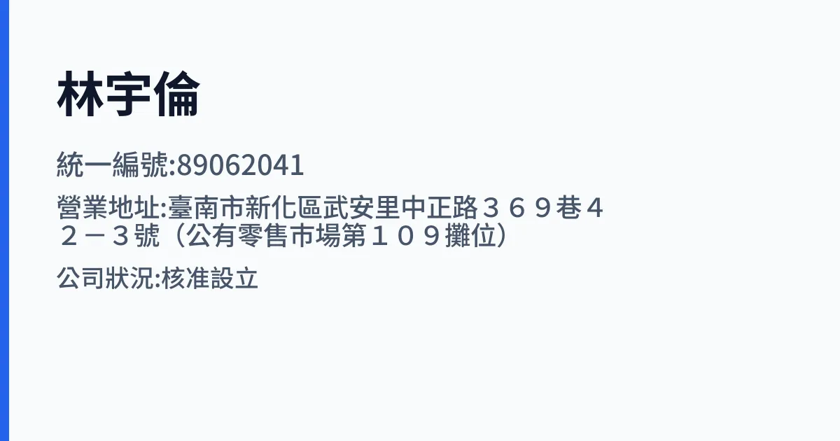 林宇倫 - 統編 89062041(臺南市) 公司登記資料與營業項目詳細圖表