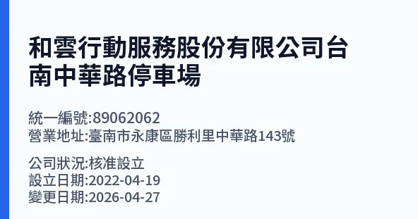 和雲行動服務股份有限公司台南中華路停車場的照片-統編 89062062(臺南市) 公司登記資料與營業項目詳細圖表