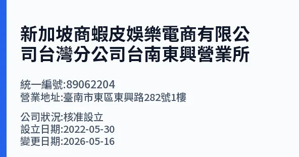 新加坡商蝦皮娛樂電商有限公司台灣分公司台南東興營業所的照片-統編 89062204(臺南市) 公司登記資料與營業項目詳細圖表