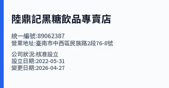 陸鼎記黑糖飲品專賣店的照片-統編 89062387(臺南市) 公司登記資料與營業項目詳細圖表