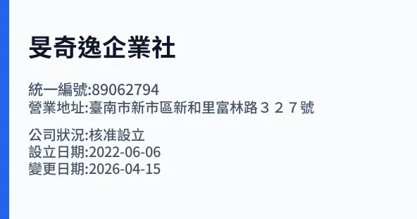 旻奇逸企業社的照片-統編 89062794(臺南市) 公司登記資料與營業項目詳細圖表
