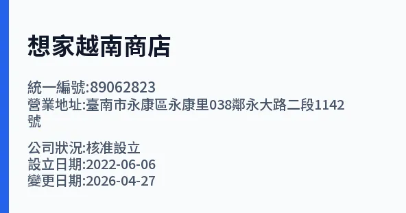 想家越南商店的照片-統編 89062823(臺南市) 公司登記資料與營業項目詳細圖表