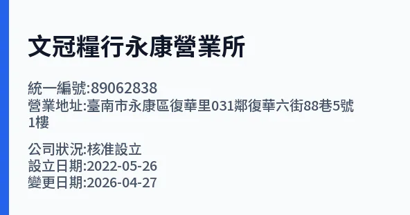 文冠糧行永康營業所的照片-統編 89062838(臺南市) 公司登記資料與營業項目詳細圖表